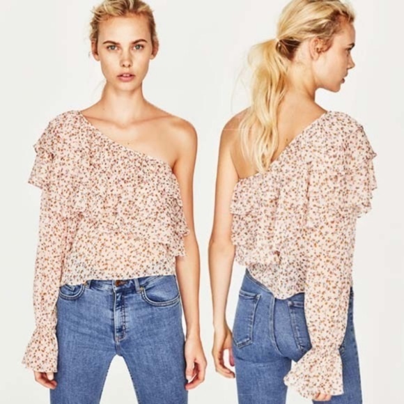 Zara | Tops | Zara Pink Floral One Shoulder Ruffle Top | Poshmark